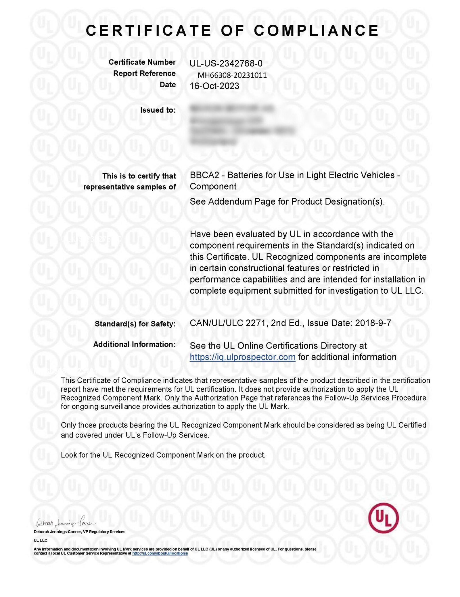 Ul2271 Battery Certification